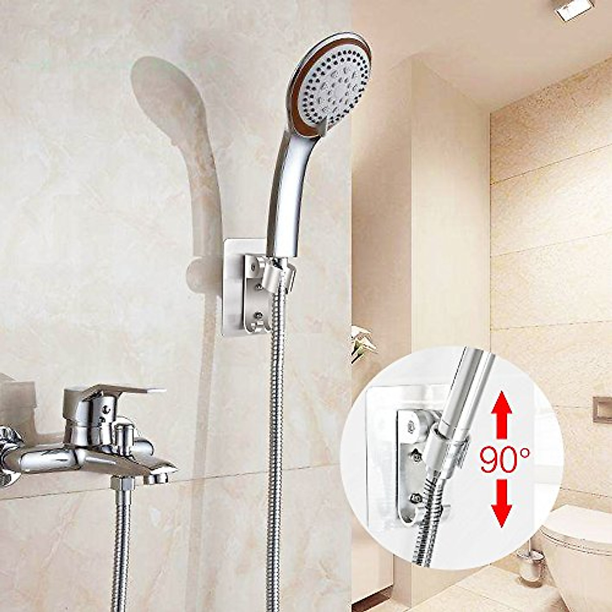 Strong Adhesive Shower Head Holder CACASO Adjustable Shower Wand Holder,Handheld Shower Head Wall Mount Bracket with 2 Hanger Hooks,Showerhead &Bidet Sprayer Bracket Better Than Suction Cups