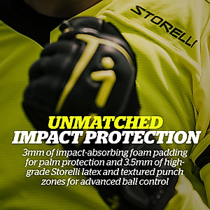 Storelli Gladiator Elite 3.0 Goalkeeper Gloves, Breathable High-Impact Hand Protection with 5 Removable Finger Spines, Premium Hand Grip for Soccer Goalies, 1 Pair, Black & Yellow, Size 9