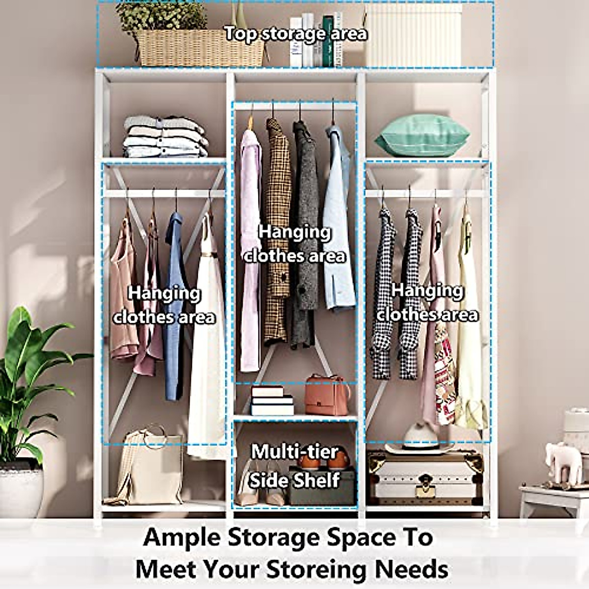 Tribesigns FreeStanding Closet Organizer, Industrial 3 Rod Garment Rack with 4-Tier Storage Shelf, Rustic Wardrobe Rack Clothes Rack for Hanging Clothes and Storage (White)