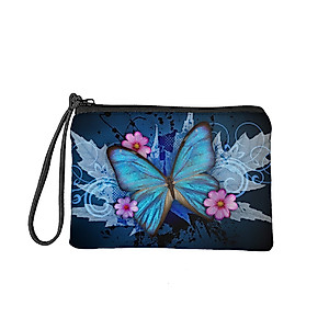 Babrukda Women Change Purse Coin Purse Vintage Blue Butterfly Maple Leaf Flower Wallet Bag with Wristlet Strap Zipper Change Pouch Small Toiletry Case 7" L x 5.5" W