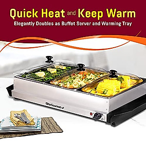 Elite Gourmet EWM-6171# Triple 3 x 2.5 Qt. Trays, Buffet Server, Food Warmer Temperature Control, Clear Slotted Lids, Perfect for Parties, Entertaining & Holidays, 7.5 Qt Total, Stainless Steel