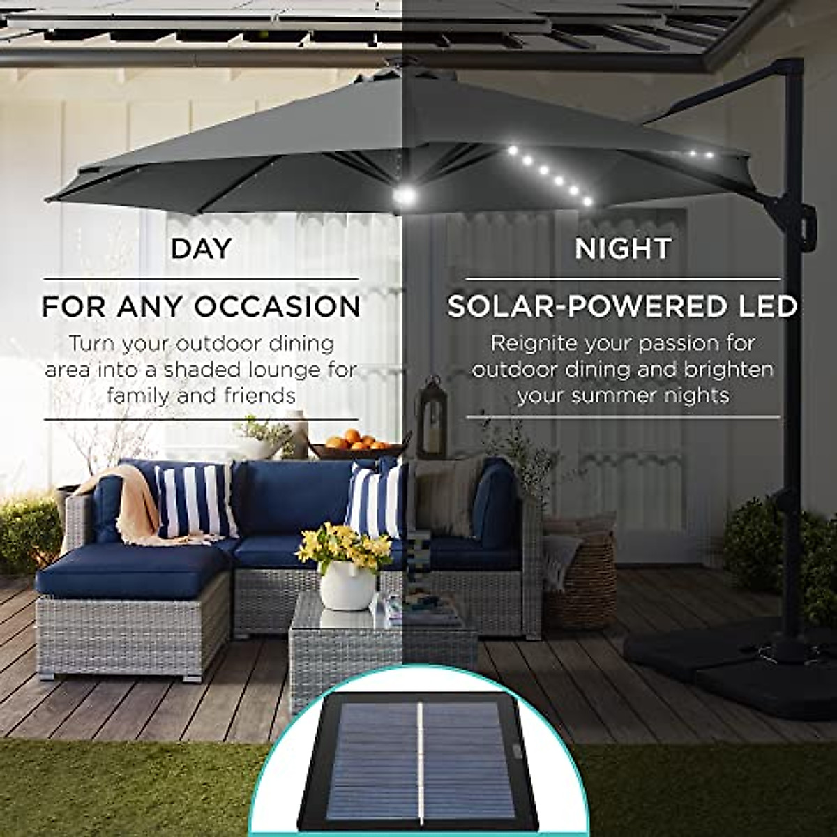 Best Choice Products 10ft Solar LED Cantilever Patio Umbrella, 360-Degree Rotation Hanging Offset Market Outdoor Sun Shade for Backyard, Deck, Poolside w/Lights, Easy Tilt, Cross Base - Gray