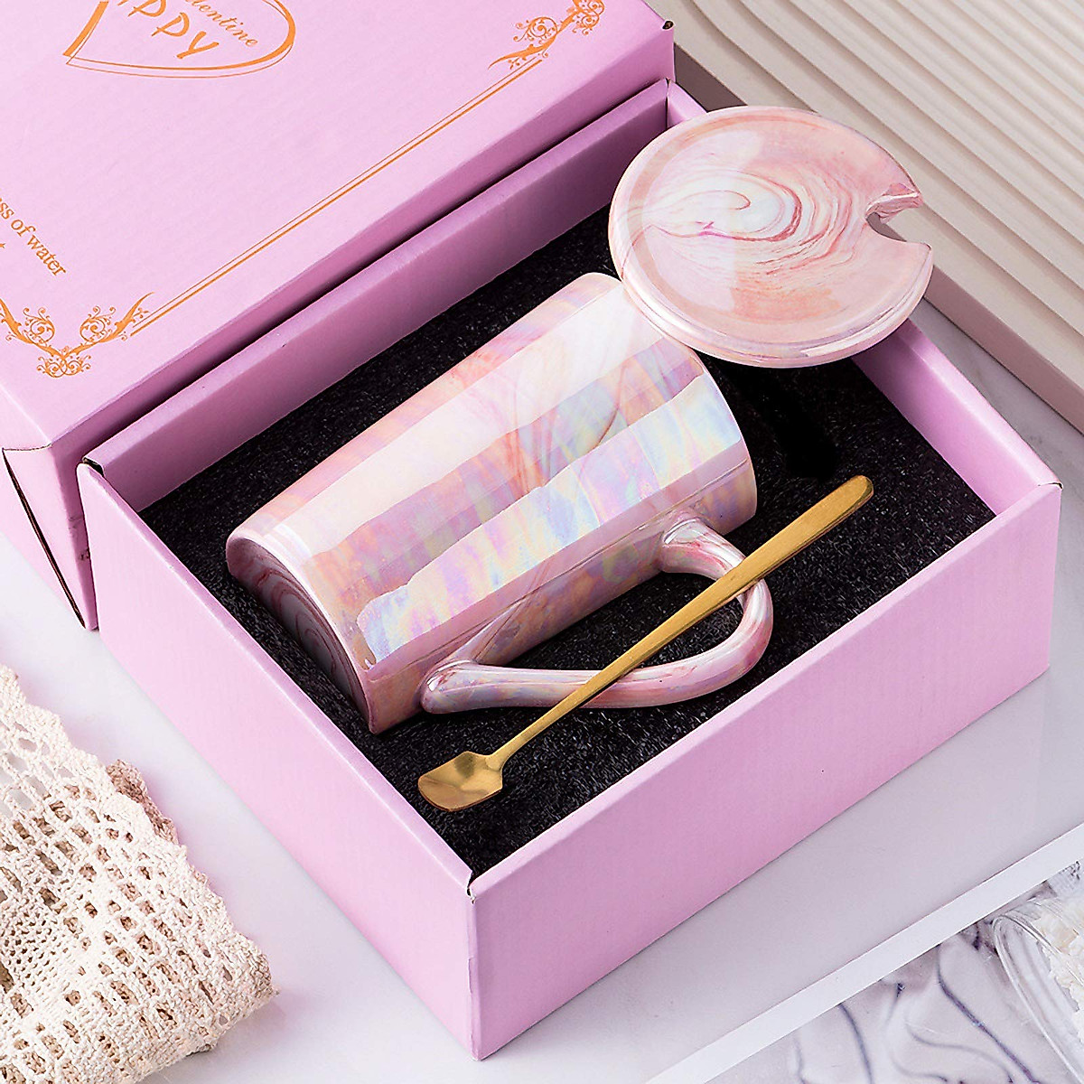 KEYIGOU 13.5oz Marble Coffee Mugs with Lid Gold Spoon Pearly Ceramic Tea Cup Cute Mugs for Women Mom Friend Gifts