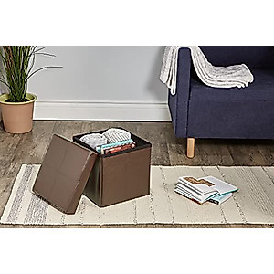 Fresh Home Elements FHE 12” Folding Storage Ottoman Cube, 12 x 12 x 12, Brown Vegan Faux Leather, Easy Transformation for Extra Storage, Seating, and Foot Rest, Family, Guests, Decluttering