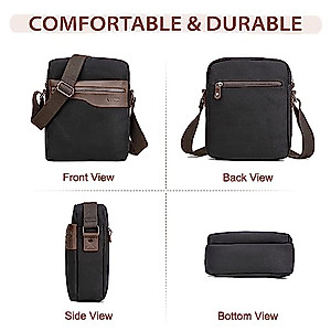 VASCHY Small Messenger Bag, Vintage Leather Canvas Crossbody Shoulder Side Bag for Men Women for Work/Travel Black