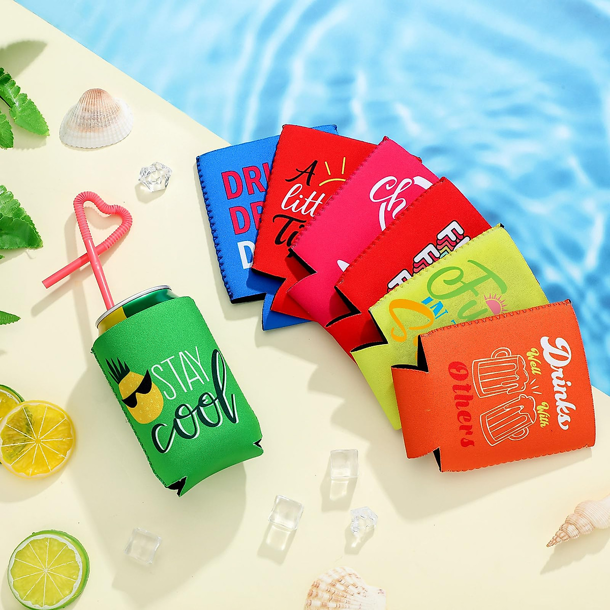 12 Packs Scalloped Can Cooler Sleeve Funny Beer Can Cooler Covers Beach Themed Beer Sleeve Insulated Neoprene Can Cooler Sleeve for Beer Beverages Cans and Bottles Summer Party Favors