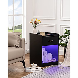 WEENFON Nightstand with Charging Station and LED Lights, Nightstands with USB Ports & Outlets, Small Night Stands for Bedroom, Black