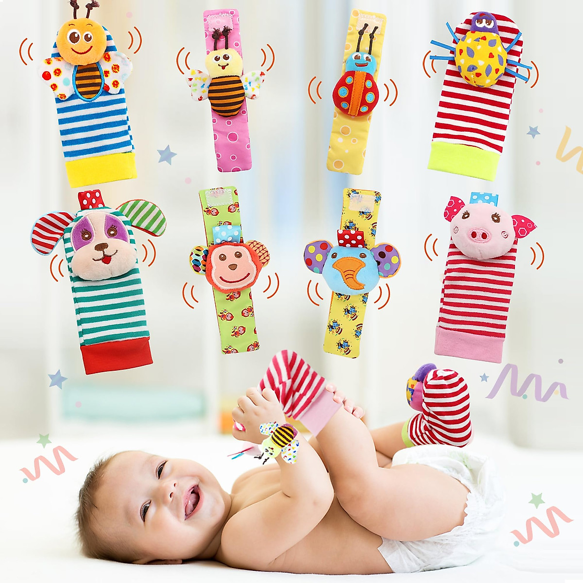 Baby Wrist Rattle Toy, Handheld Rattles and Rattle Socks, Foot Rattle Leg Rattle Ankel Rattle, Newborn Baby Rattle Gift for Infant Boy or Girl (8 PCS - AR)