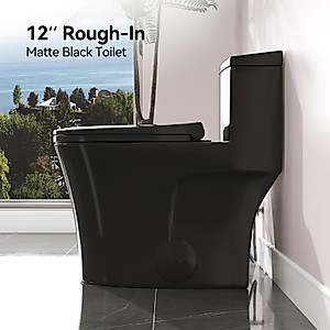 HOROW T0338WB Elongated One Piece Toilet Black, Compact Modern Toilet with Comfortable Seat Height, ADA Chair Height 17.3", Power Dual Flush 0.8/1.28 GPF & MAP 1000g, Matte Black, 12" Rough-in