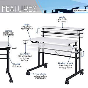 LKKRO Rolling Writing Desk with Height Adjustable Desktop and Moveable Shelf, White