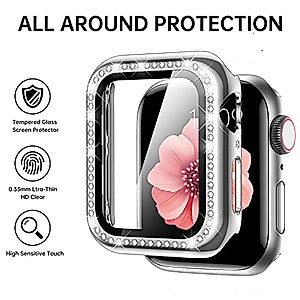 Mesime Compatible with Apple Watch Band 38mm 40mm 41mm 42mm 44mm 45mm , Women Girl Bling Diamond Jewelry Metal Strap Bands with Crystal Tempered Glass Screen Protector Case, Round Shiny Bracelet Wristband for iWatch Series 7/6/5/4/3/2/1/SE (Silver)