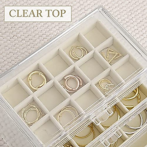 misaya Earring Jewelry Organizer Box, Large Acrylic Jewelry Organizer with 4 Drawers, Clear Velvet Earring Holder Organizer for Earrings, Rings, Necklace, Beige