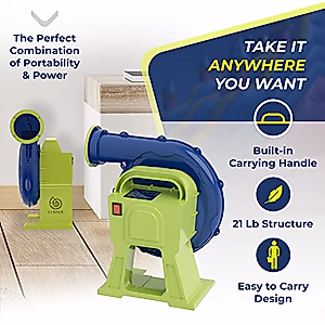 CORAXOL Bounce House Blower – Air Pump for Inflatable House or Castle, 1100 Watt (1.5 HP) Power 12 Feet Supply Cord, Blue and Green, Portable Blower Fan for Inflatable Toys