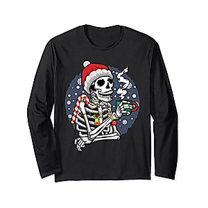 Cool Skeleton Drinking Chocolate Winter December Christmas Long Sleeve T-Shirt