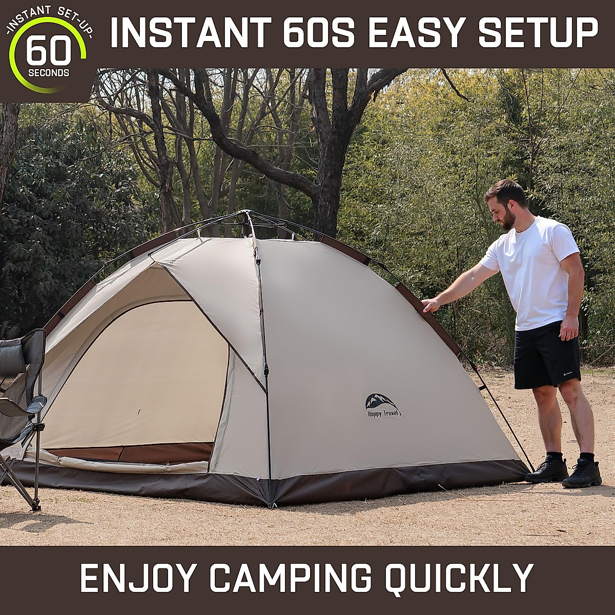Happy Travel 1/2/3/4 Person Camping Tent, Instant Easy Pop Up Tents for Camping,Automatic Waterproof Family Camping Tent, Easy Set Up Tent,Portable Windproof Dome Tent for Camping Hiking & Traveling