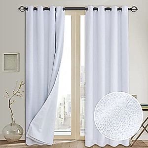 RHF 100% White Blackout Curtains for Bedroom 84 Inches Long (with Liner), White Linen Blackout Curtains for Living Room 2 Panels Set, Grommet Curtains & Drapes, Burlap Curtains- 2 Panels, 50x84