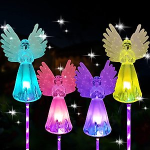 MIBUNG 4 Pack Solar Angel Lights Outdoor Decor,Solar Powered Color Changing Angel Easter Stakes Decorative Memorial Lights Garden Yard Lawn Pathway Grave Cemetery Decoration,Valentine's Day Women Gift
