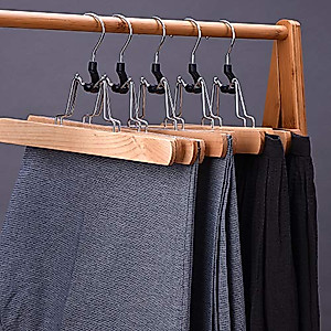JS HANGER Wood Pants Hangers, 12 Pack Non Slip Wood Skirt Hangers, Smooth Finish Wood Jeans/Slack Hanger with 360° Swivel Hook, Natural Finish