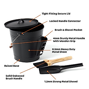 Noxvoya Metal Ash Bucket with Lid and Shovel, Brush, Black - Heavy-Duty, Modern Coal Bucket with Fireplace Scoop for Indoor Fireplaces, Outdoor Fire Pits, Grill - Premium, Compact Fireplace Tools