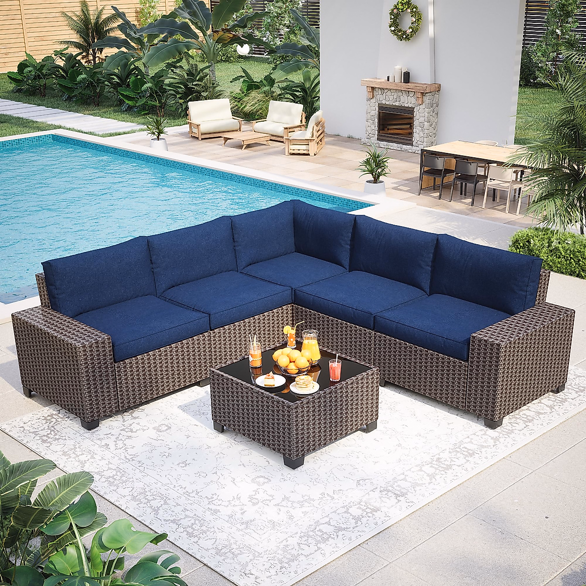 IDEALHOUSE 6 Pieces Blue Patio Sectional Furniture Set, Wicker Conversation Sets Patio Furniture, Brown Patio Sofa with 5 Navy Blue Seat Cushions and 1 Glass Coffee Table