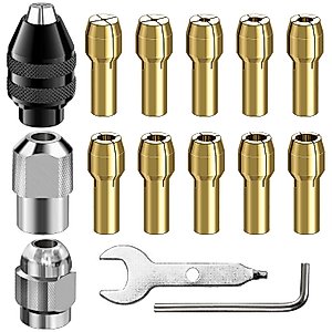 Drill Chuck Collet Set, 28 Pcs Chuck Collet Kit（1/32" - 1/8" ）Replacement 4486 Drill Keyless Bit Chuck Shank Rotary Tool Quick Change Adapter with Replacement 4485 Brass Collet Metal Set