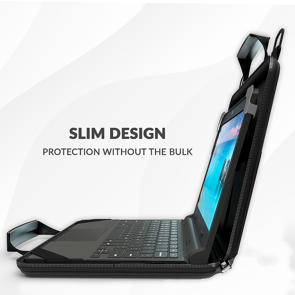 UZBL 13-14 inch Chromebook Case Protective Laptop Hard Cover Sleeve, Always-on Work in Case with Carrying Handle Shoulder Strap (Black PU)