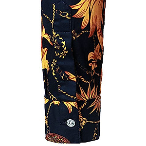 ZEROYAA Men's Luxury Printed Slim Fit Long Sleeve Casual Button Down Stretch Floral Shirt ZLCL37-103-Navy Medium