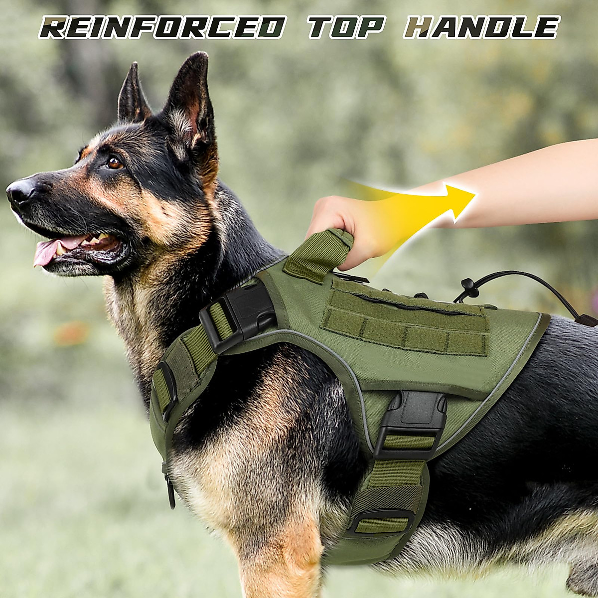 WINGOIN Tactical Dog Harness for Large Dogs, Heavy Duty No Pull Dog Harness with Handle, Adjustable Reflective Military K9 German Shepherd Big Size Dog Vest for Training, Walking, Hiking, Green (L)