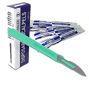 Box of 10 Disposable Surgical Sterile Scalpel Blades #24 Made of Carbon Steel with Sturdy Graduated Plastic Handle for Lab Students, Cutting, Carving, Repairing, Dermaplaning + More