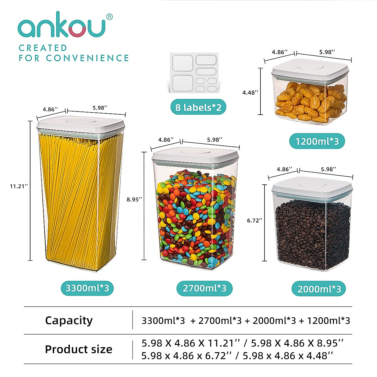 Ankou Pop Airtight Food Storage Containers with Lids for Kitchen Pantry Organizing Stackable Container for Cereal Snack Flour Sugar Coffee Spaghetti -12 Pcs(1.2, 2.0, 2.7, 3.3qt)*3