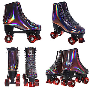 JajaHoho Roller Skates for Women and Men, Holographic High Top Classic Rollerskates, Shiny Double-Row Four Wheels Quad Skates for Girls, Age 8-50 Indoor & Outdoor (Size 6, Golden Black)
