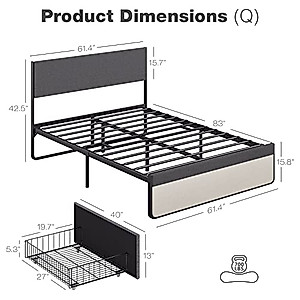 Amyove Queen Size Bed Frame with 2 Storage Drawers, Grey Queen Platform Upholstered Bed Frame with Headboard, Mattress Foundation with Steel Slats Support, No Box Spring Needed (Queen)