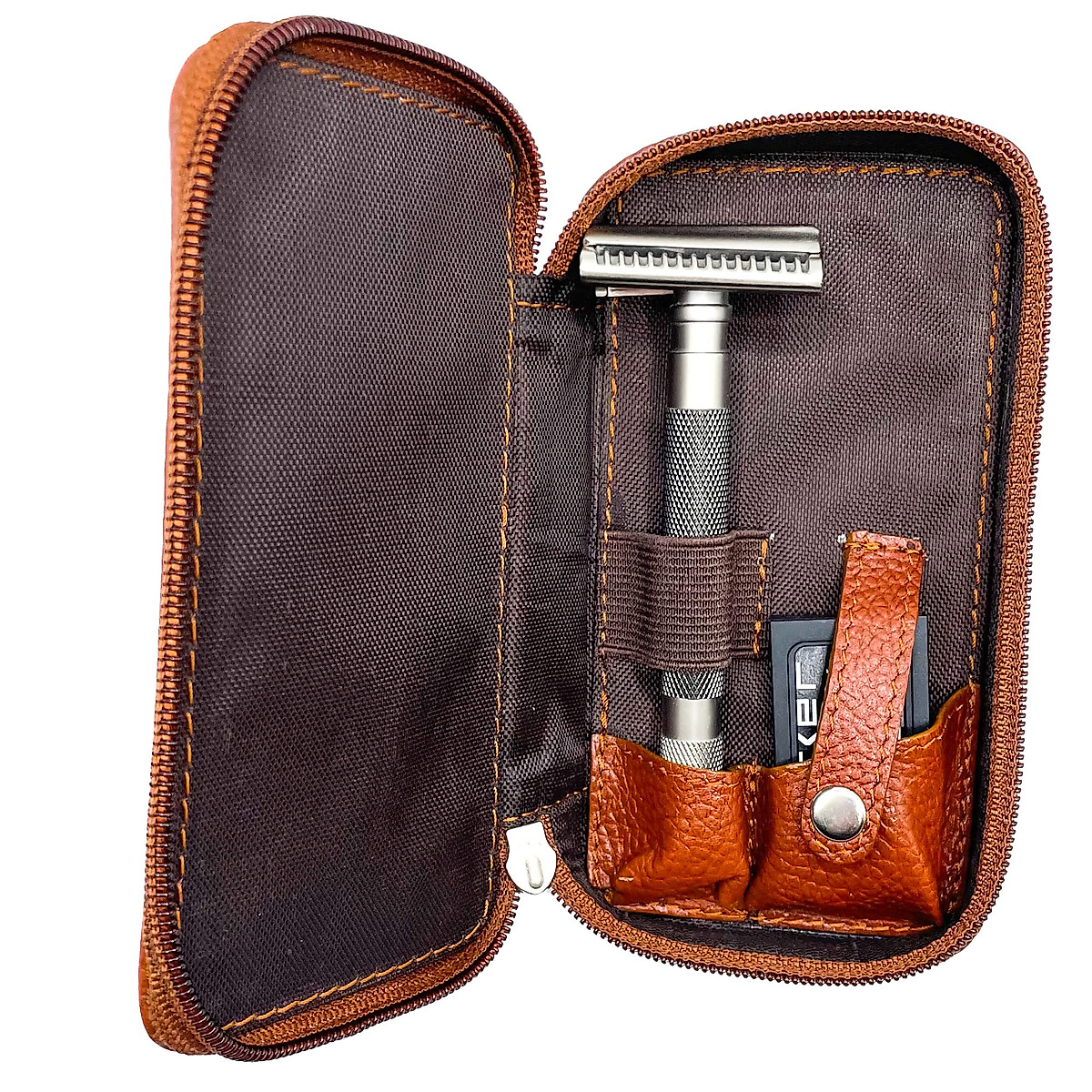 Parker Genuine Leather Double Edge Safety Razor Zippered Travel Case - Holds Safety Razor and Blade Pack