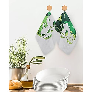 Hokiten Halloween Waffle Kitchen Towels Dishcloths, Green Ombre Pumpkins Castle Witch Absorbent Dish Towels | Hand Towels for Bathroom/Bar, 12 x 12 Inch, 2 Pcs