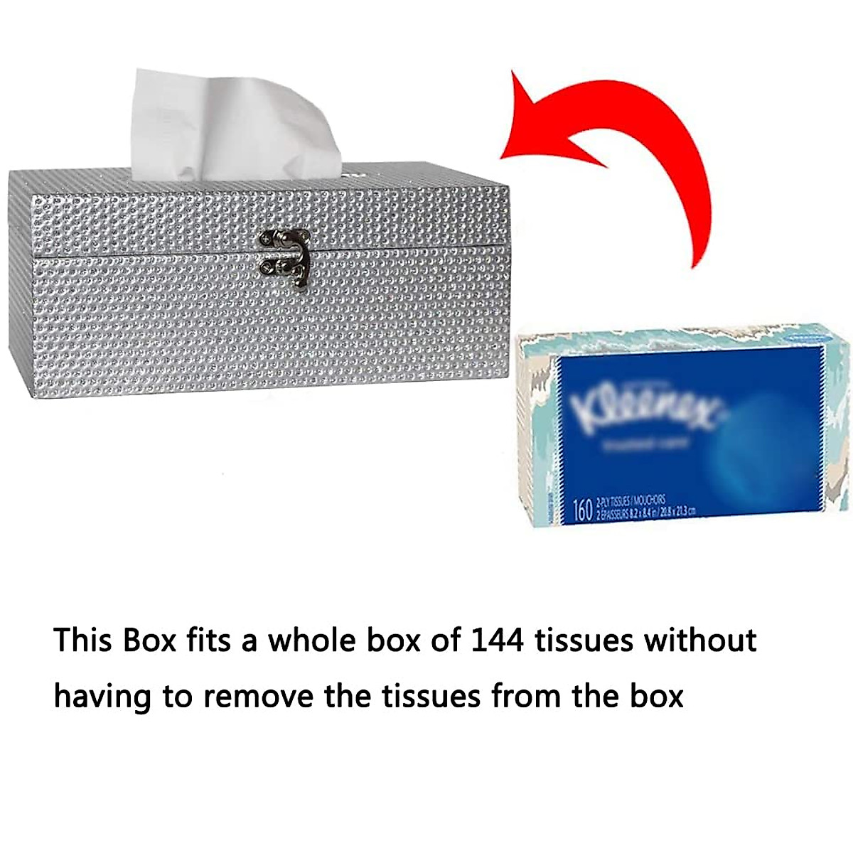 MODE HOME Rectangular Wooden Tissue Box Cover Silver Glitter Leather Tissue Box Holder with Metal Clasp for Living Room, Bathroom, Bedroom, Dryer Sheet Holder for Laundry Room Decor