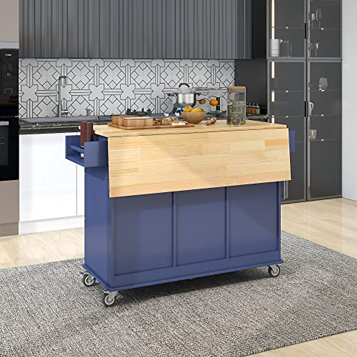FEELLE Rolling Mobile Kitchen Island with Drop Leaf - Solid Wood Top, Locking Wheels & Storage Cabinet 52.7 Inch Width（Dark Blue）