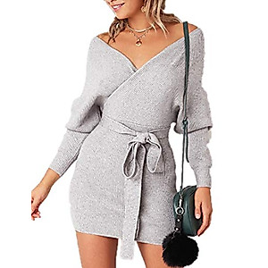 Zonsaoja Women's Sweater Dress Sexy V Neck Long Sleeve Backless Wrap Knitted Mini Dresses Grey S