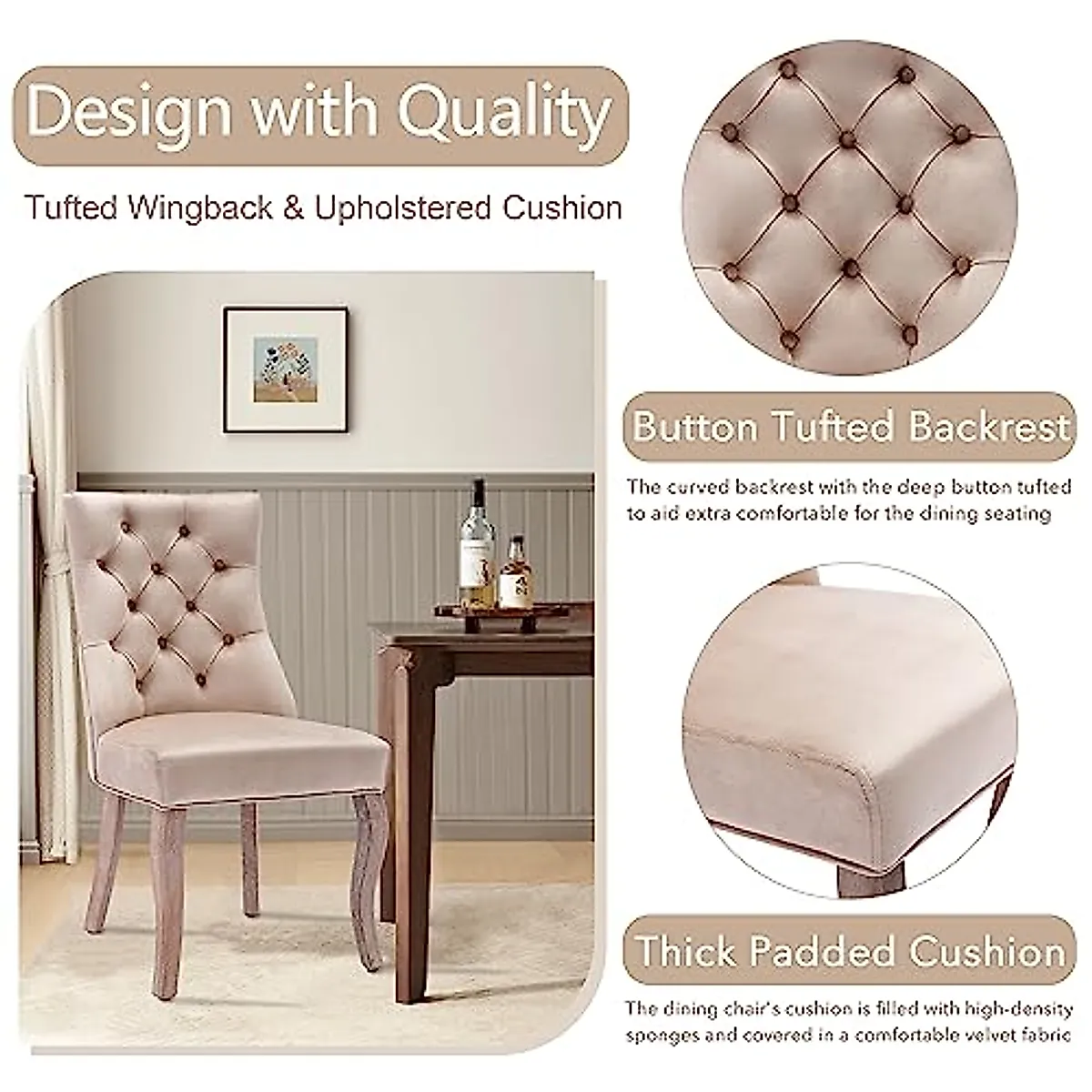 FOREDO Velvet Dining Chairs Set of 2, Upholstered Tufted Dining Chairs with Back Ring Pull Trim and Solid Wood Legs, Tan