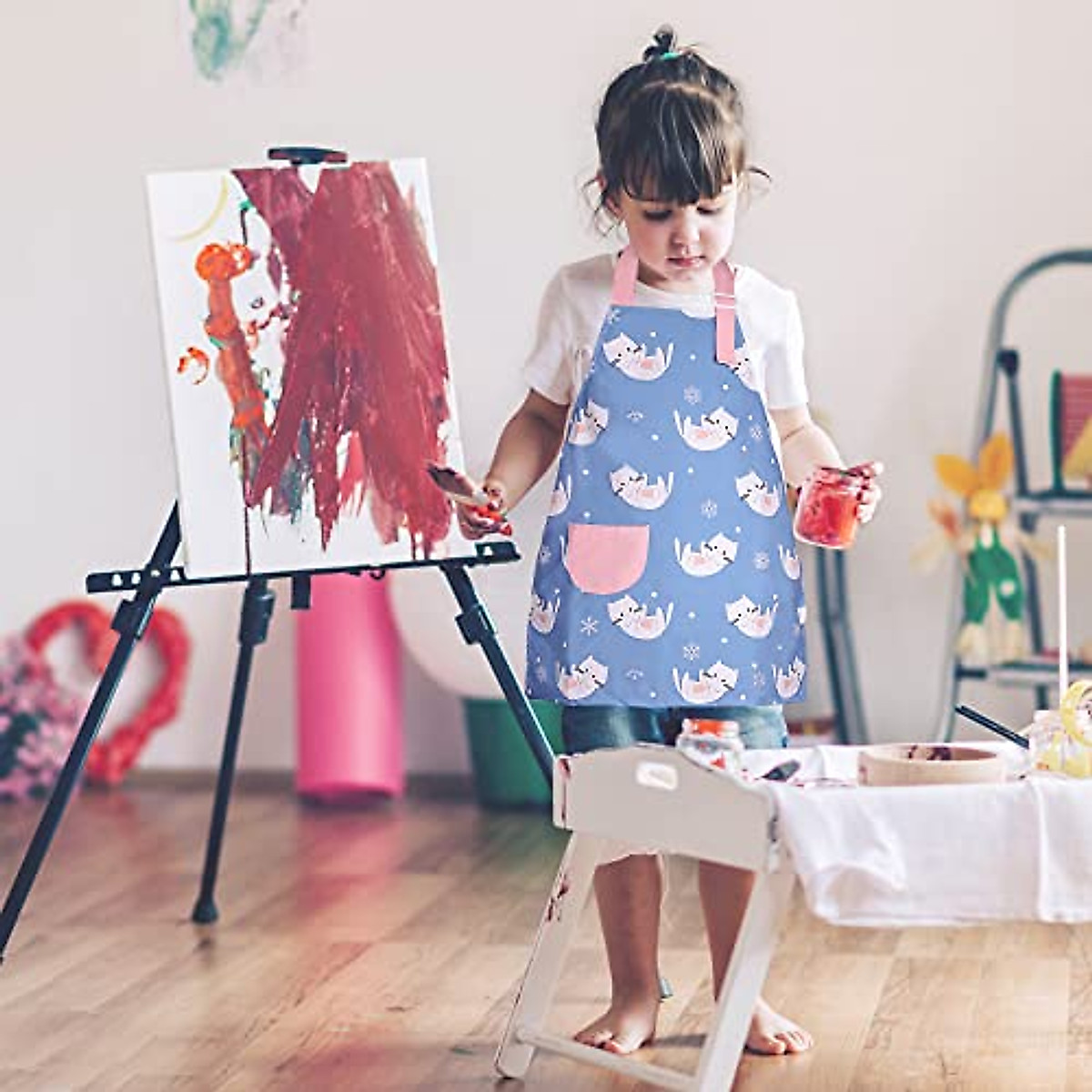 FUSOTO Cat Kids Aprons for Boys Girls, Arts and Crafts for Kids, Kids Kitchen Cooking Waterproof Apron for Ages 6-12, Kids Artist Painting Apron with Pockets