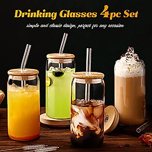 Porkus Glass Cups with Bamboo Lids and Straws 4pcs Set-18oz,Cute Glass Iced Coffee Cups for Coffee Bar Accessories-Cups with Lids and Straw Set