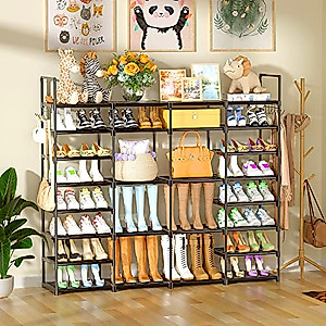 Kottwca Large Shoe Rack Organizer, 4 Row 8 Tier Shoe Storage Shelf for Closet Entryway Garage, Metal Free Standing Shoe Holder for 62-66 Pairs of Shoes, Sturdy Stackable Shoe Stand for Bedroom