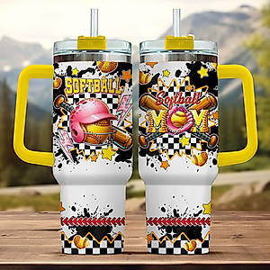 99OWL Green Water Yellow Black Handle Simply Straws Modern Simple Checkered White Tumblers, Softball Gifts, Softball Mom Checked, Tumbler 40 Oz With Handle Lid And Straw