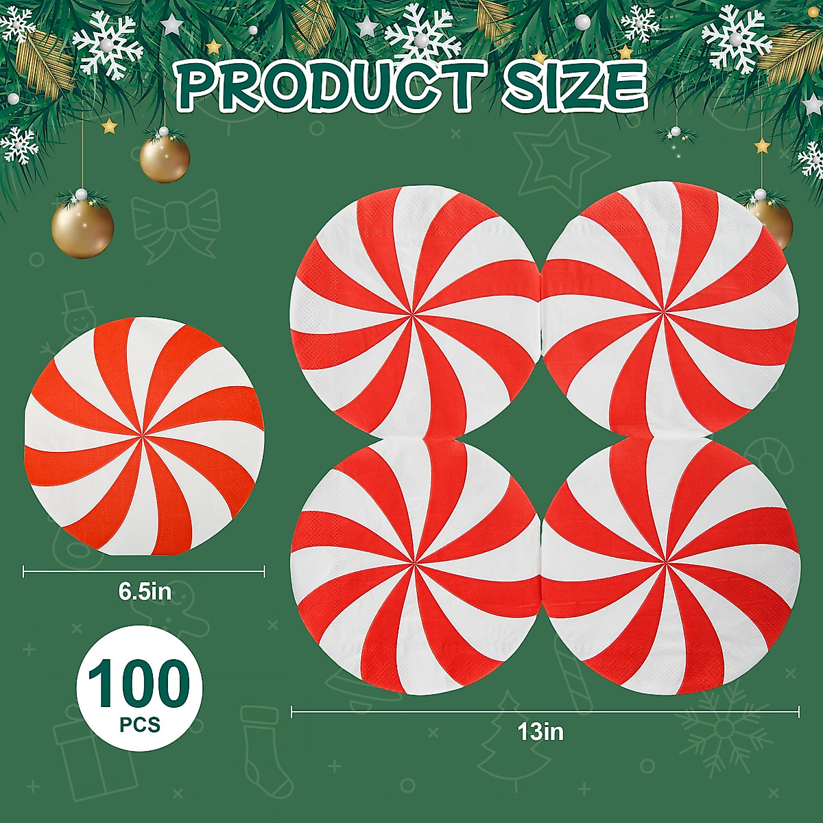 100Pcs Christmas Paper Napkins Peppermint Candy Disposable Napkins Round Lollipop Xmas Candy Party Tableware Decor Red White Cocktail Napkins for Winter Holiday Dinner Party Supplies