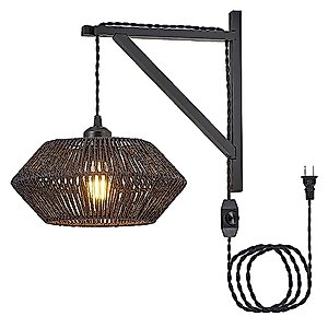 KAMTAT Wall Lamp with Plug in Cord - Farmhouse Hand Woven Black Rattan Wall Light with Wood Shelf Bracket - Vintage Wall Sconces Hanging Lamp Wall Lighting Fixture for Living Room,Bedroom(1PK)