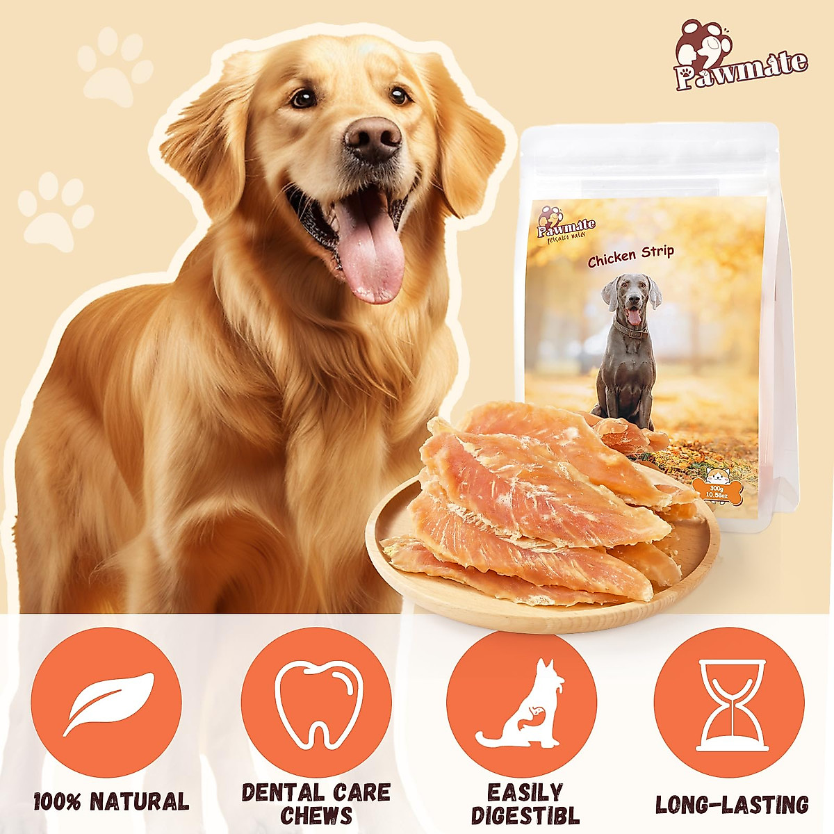 Pawmate Chicken Jerky Tenders, Healthy Natural Dog Treats Rawhide-Free Grain-Free Chicken Jerky for Dogs High Protein Training Treats Snacks for Small Medium Large Dogs 12 Counts