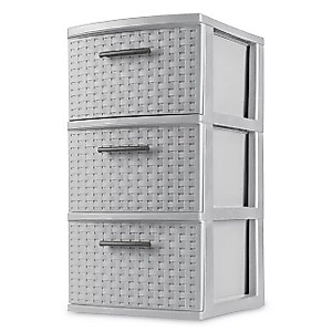 3 Drawer Weave Storage Tower Set of 2, Plastic Decorative Drawers to Organize Clothes in Bedroom with Gray Drawers
