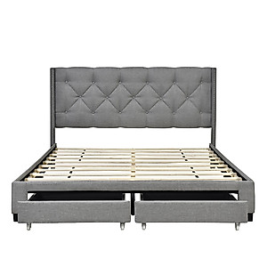 ALYSAHOME Upholstered Queen Size Platform Bed with Storage for Kids,Adults Bedroom,Linen Fabric Bedframe w/Two Drawers & Tufted Nailed Headboard,Space Saving Design & No Box Spring Needed, Gray