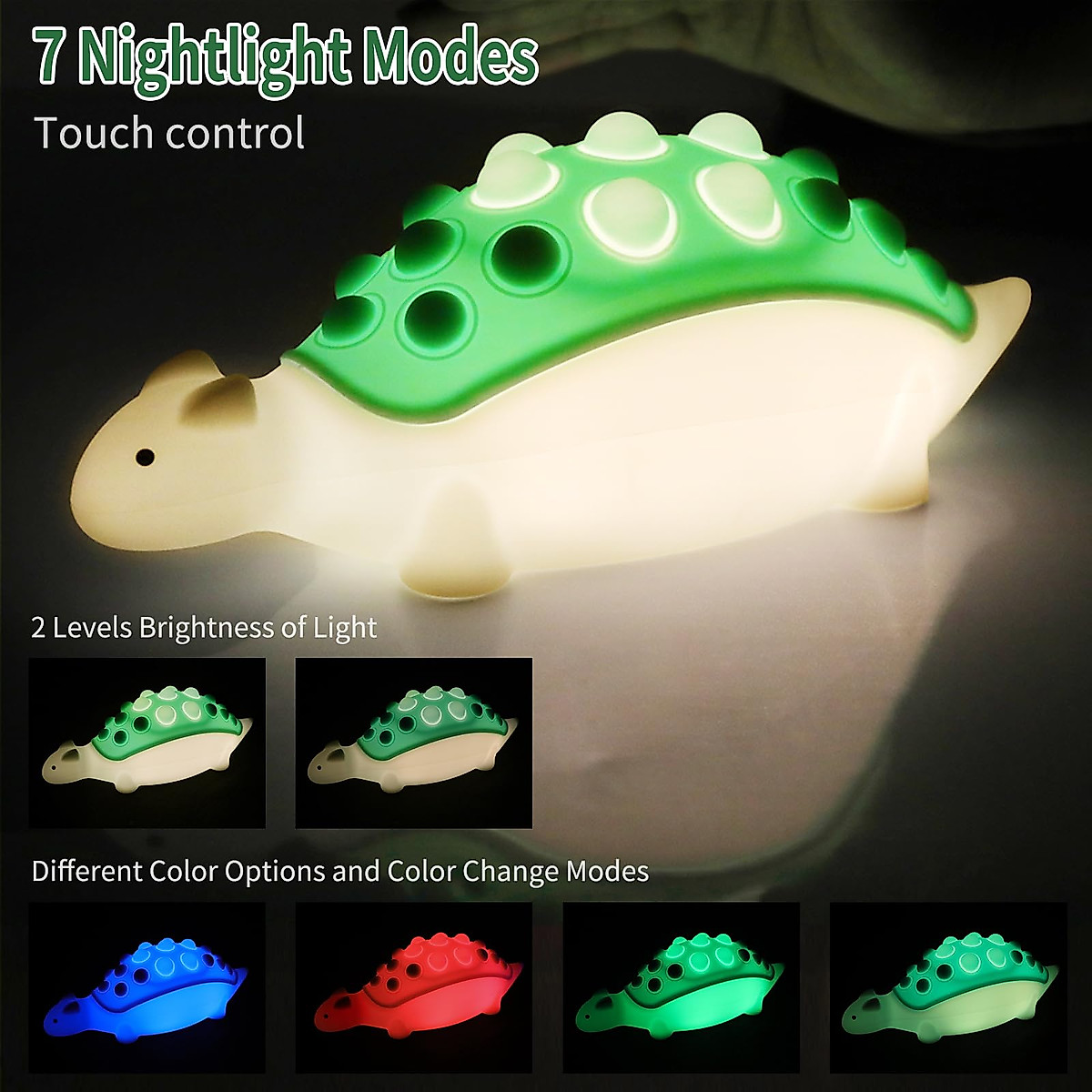 SALUOKE Dinosaur Kids Night Light,Silicone Nursery Dino Lamp with Pop Bubble,7 Nightlight Modes Rechargeable Bedside Touch Lamp,Baby Room Decor,Cute Lamp Dinosaurs Gifts for Toddler(Green)