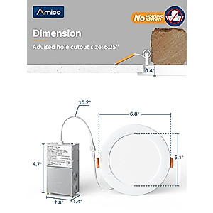 Amico 12 Pack 6 Inch 5CCT Ultra-Thin LED Recessed Ceiling Light with Junction Box, 2700K/3000K/3500K/4000K/5000K Selectable, 12W Eqv 110W, Dimmable Canless Wafer Downlight, 1050LM High Brightness -ETL