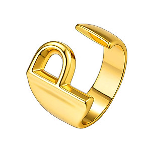 Suplight Personalized Gold Bold Initial Letter Open Ring Adjustable, Fashion Finger Rings Alphabet A-Z, Womens Signet Ring Initial, Gold Statement Rings for Women
